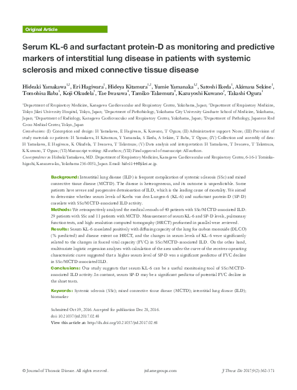 (PDF) Serum KL-6 and surfactant protein-D as monitoring and predictive markers of interstitial ...