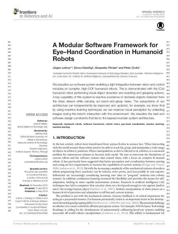 (PDF) A Modular software Framework for eye–hand coordination in humanoid robots