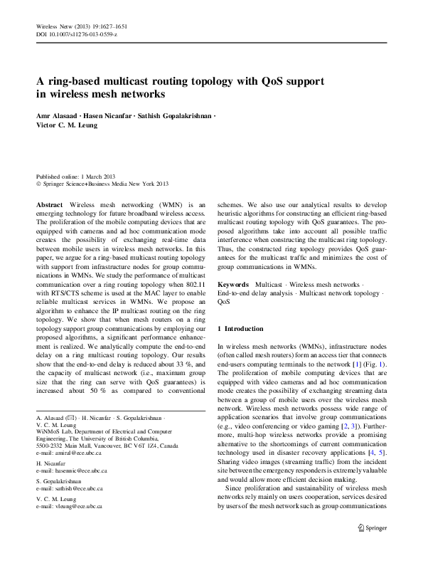 (PDF) A ring-based multicast routing topology with QoS support in wireless mesh networks