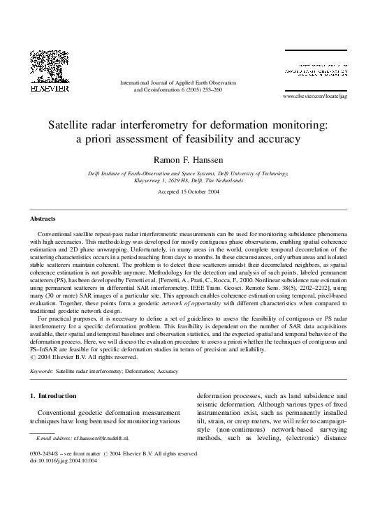 Pdf Satellite Radar Interferometry For Deformation Monitoring A Priori Assessment Of