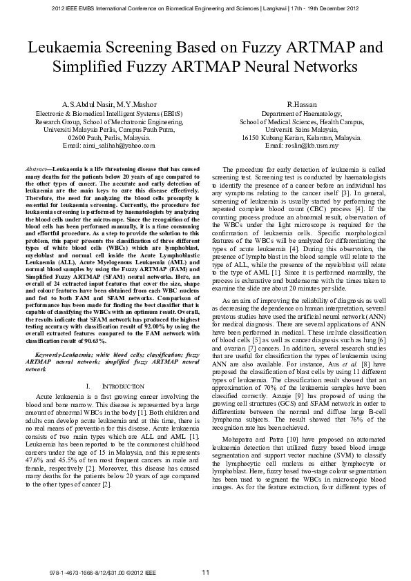 Pdf Leukaemia Screening Based On Fuzzy Artmap And Simplified Fuzzy Artmap Neural Networks