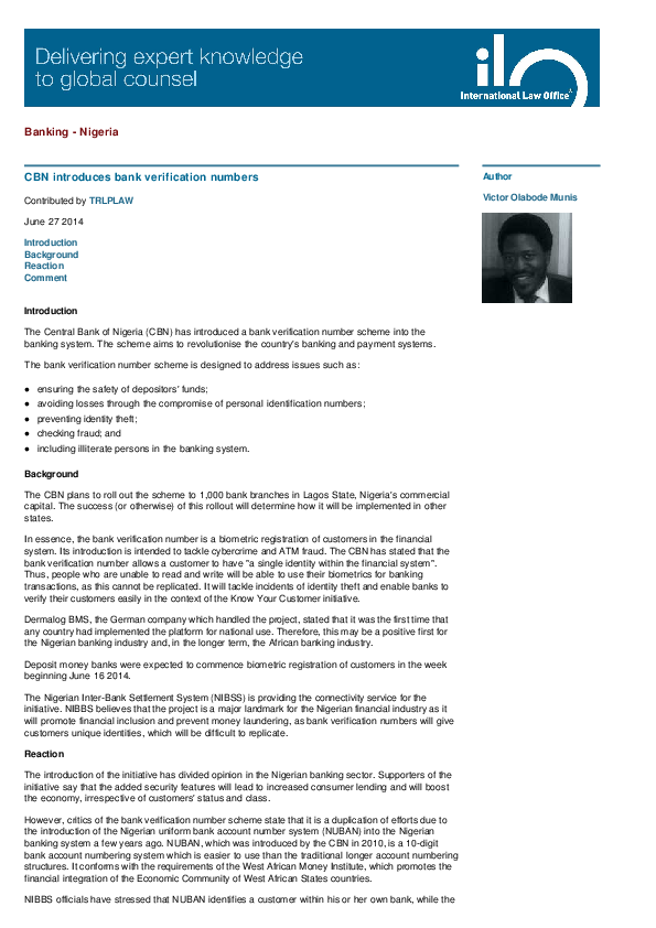 (PDF) CBN introduces bank verification numbers
