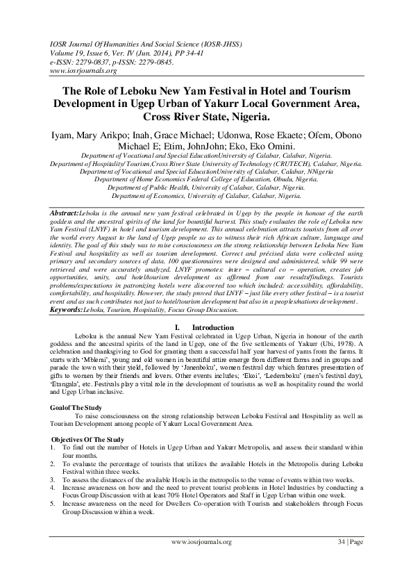 (PDF) The Role of Leboku New Yam Festival in Hotel and Tourism ...