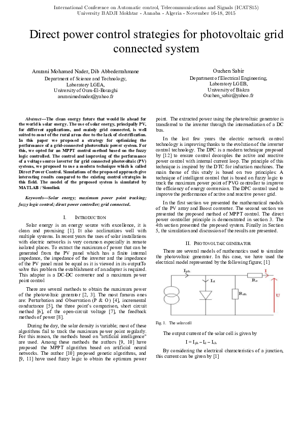 (PDF) Direct power control strategies for photovoltaic grid connected ...