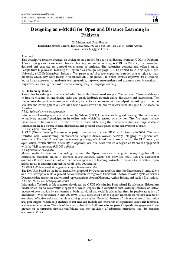 (PDF) Designing an e-Model for Open and Distance Learning in Pakistan