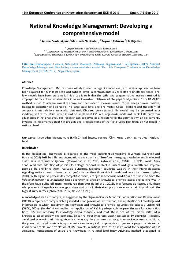 (PDF) National Knowledge Management: Developing a comprehensive model