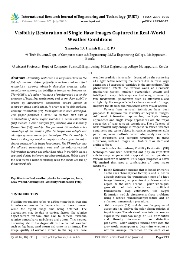 (PDF) Visibility Restoration of Single Hazy Images Captured in Real-World Weather Conditions