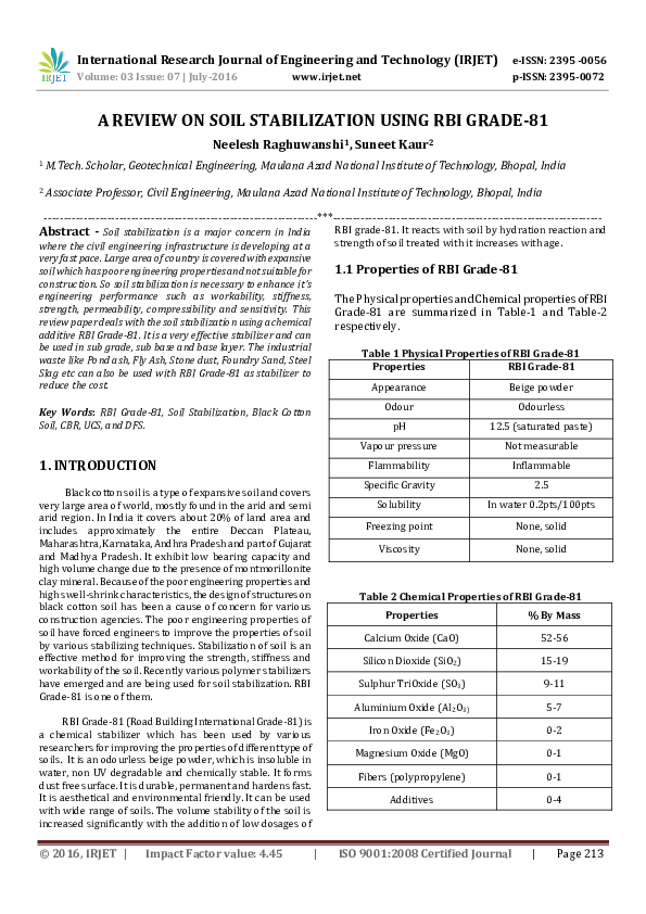 (PDF) A REVIEW ON SOIL STABILIZATION USING RBI GRADE-81 | IRJET Journal ...