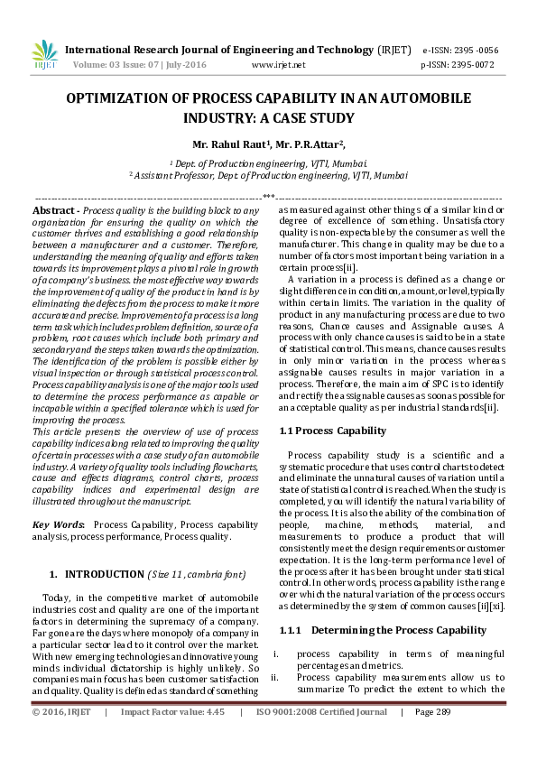 (PDF) OPTIMIZATION OF PROCESS CAPABILITY IN AN AUTOMOBILE INDUSTRY: A ...