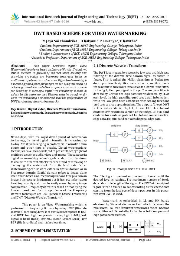(PDF) DWT BASED SCHEME FOR VIDEO WATERMARKING