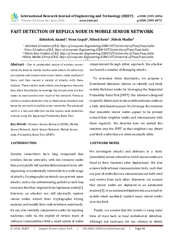Pdf Fast Detection Of Replica Node In Mobile Sensor Network