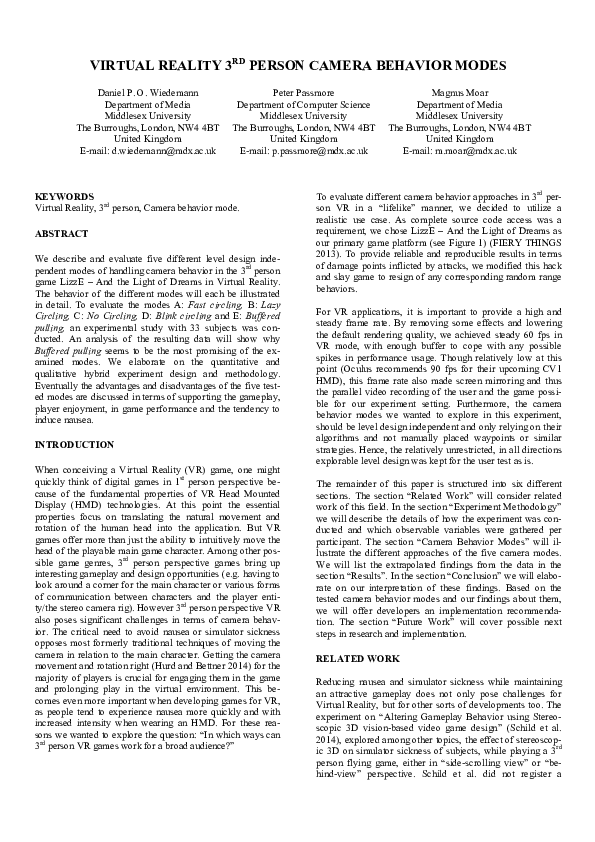 (PDF) Virtual Reality 3rd Person Camera Behavior Modes