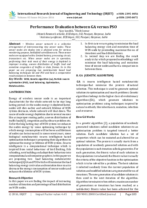 (PDF) Performance Evaluation between GA versus PSO