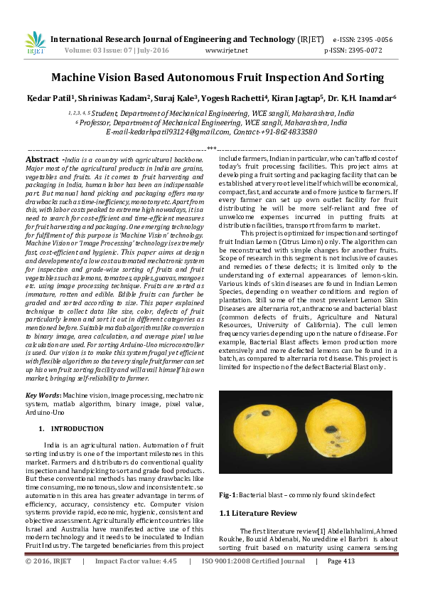 (PDF) Machine Vision Based Autonomous Fruit Inspection And Sorting