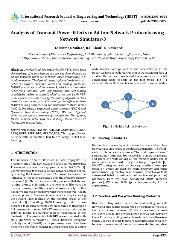 Pdf Analysis Of Transmit Power Effects In Ad Hoc Network Protocols