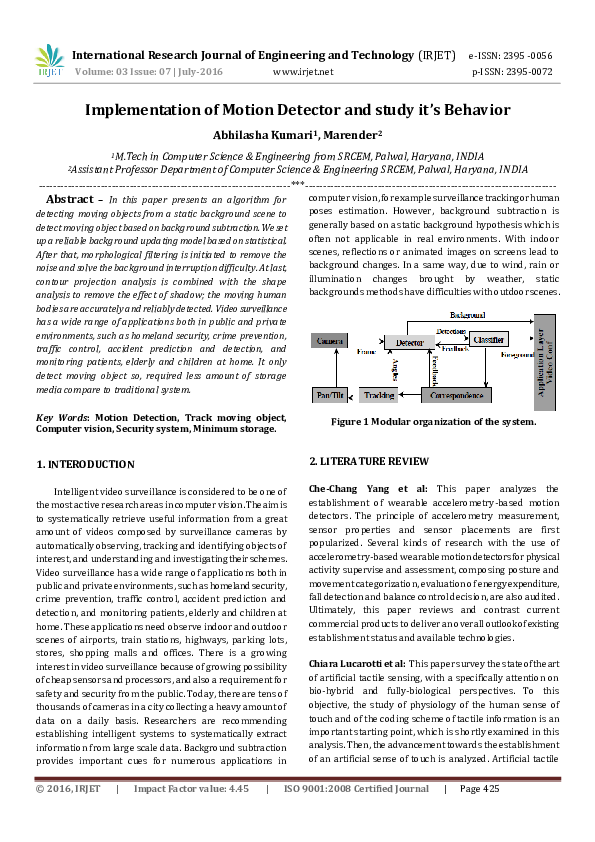 (PDF) Implementation of Motion Detector and study it's Behavior