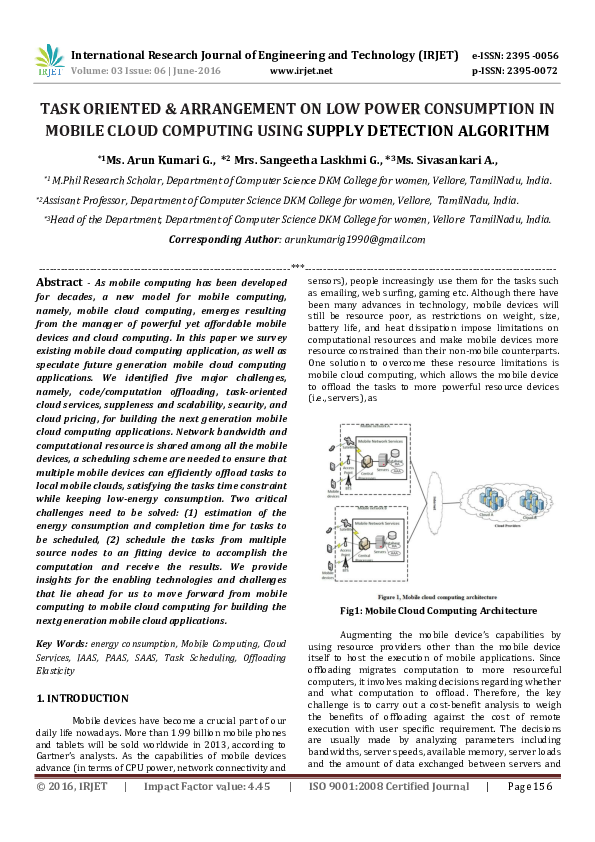 Pdf Task Oriented And Arrangement On Low Power Consumption In Mobile Cloud Computing Using