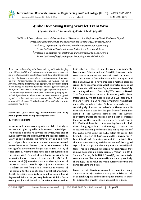 (PDF) Audio De-noising using Wavelet Transform