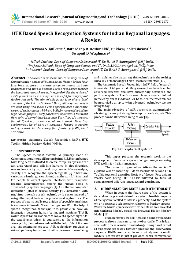 (PDF) HTK Based Speech Recognition Systems for Indian Regional languages: A Review