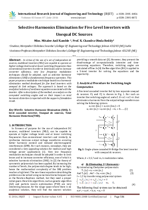 (PDF) Selective Harmonics Elimination for Five Level Inverters with Unequal DC Sources