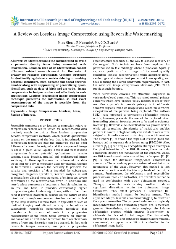 (PDF) A Review on Lossless Image Compression using Reversible ...