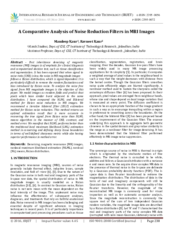 (PDF) A Comparative Analysis of Noise Reduction Filters in MRI Images