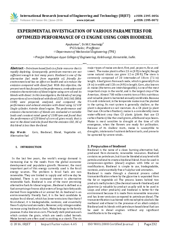 Pdf Experimental Investigation Of Various Parameters For Optimized Performance Of Ci Engine