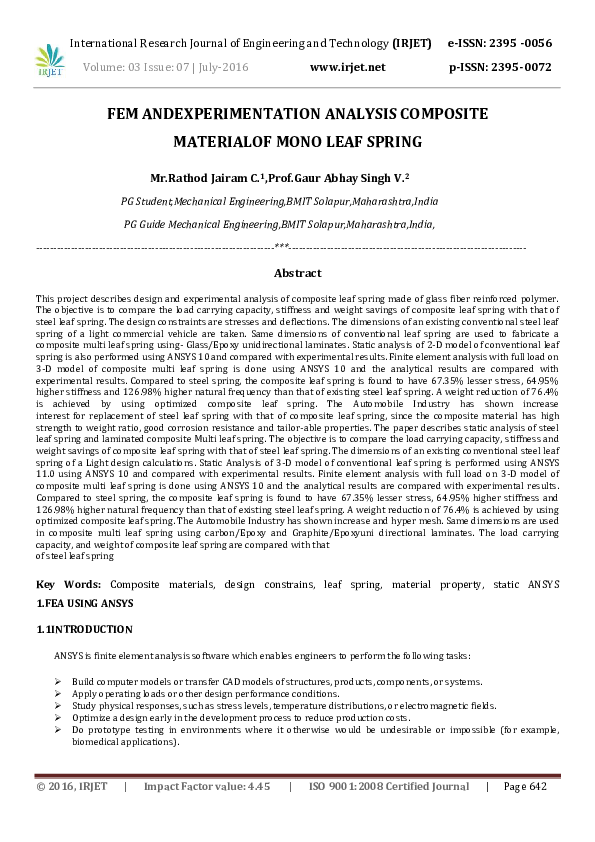 Pdf Fem Andexperimentation Analysis Composite Materialof Mono Leaf Spring