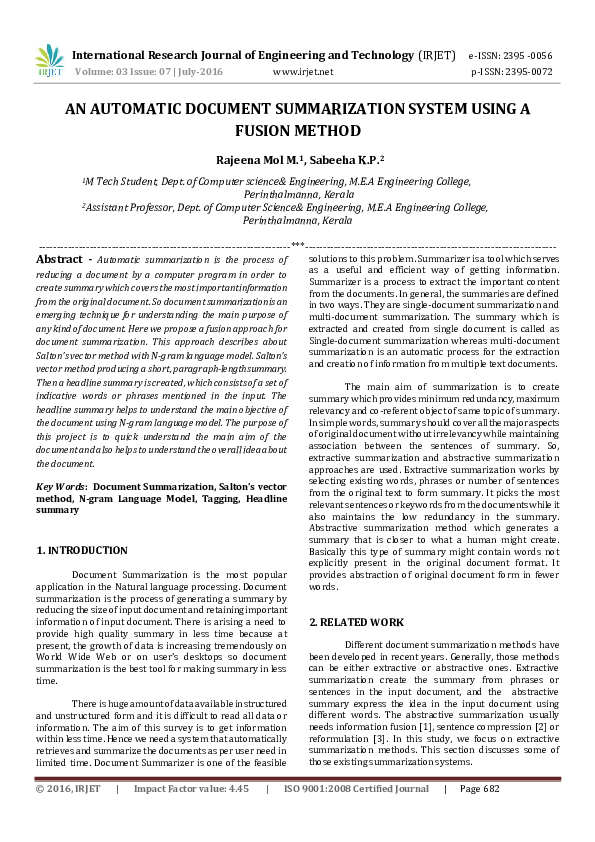 Pdf An Automatic Document Summarization System Using A Fusion Method