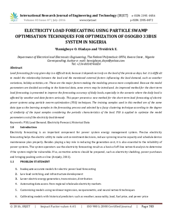 (PDF) ELECTRICITY LOAD FORECASTING USING PARTICLE SWAMP OPTIMISATION TECHNIQUES FOR OPTIMIZATION ...