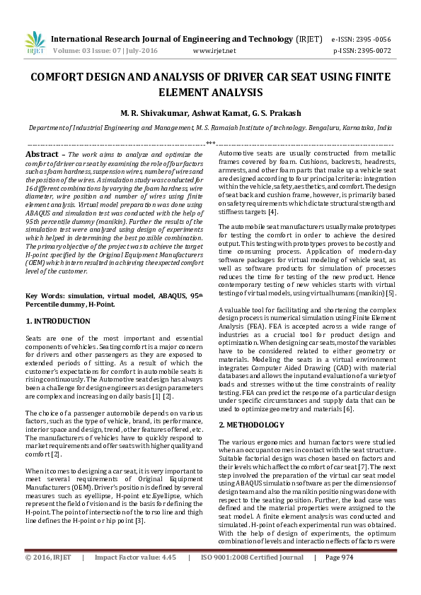 Pdf Comfort Design And Analysis Of Driver Car Seat Using Finite Element Analysis