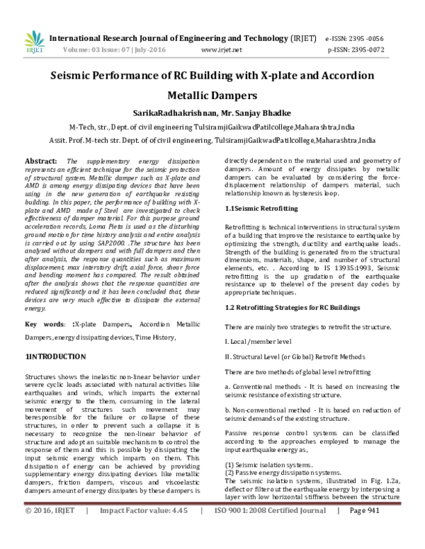 Seismic Performance Of Rc Building With X Plate And Accordion
