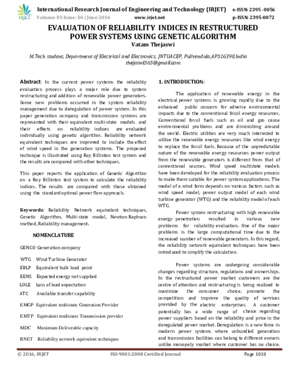 Pdf Evaluation Of Reliability Indices In Restructured Power Systems