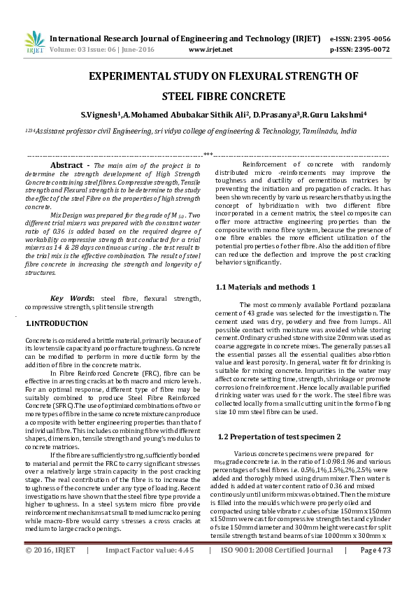 (PDF) EXPERIMENTAL STUDY ON FLEXURAL STRENGTH OF STEEL FIBRE CONCRETE