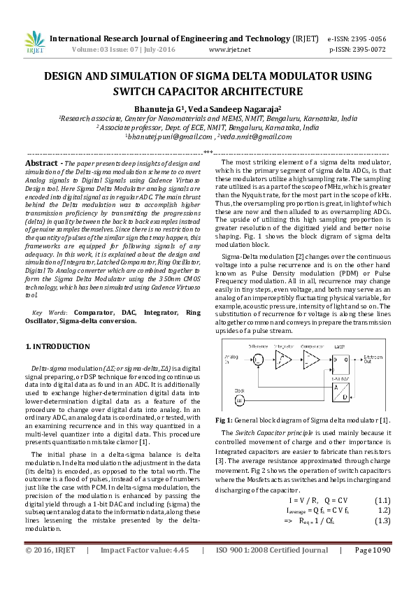 Pdf Design And Simulation Of Sigma Delta Modulator Using Switch Capacitor Architecture