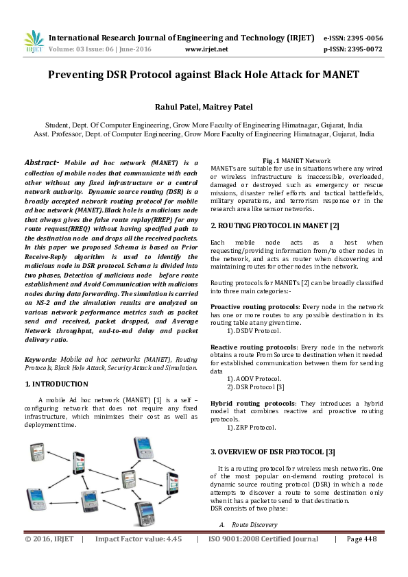 (PDF) Preventing DSR Protocol against Black Hole Attack for MANET | IRJET Journal - Academia.edu