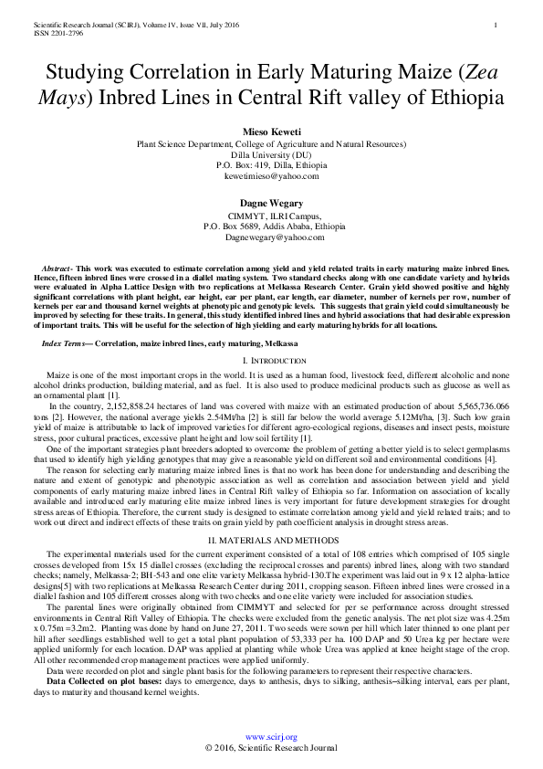 (PDF) Studying Correlation in Early Maturing Maize (Zea Mays) Inbred Lines in Central Rift ...