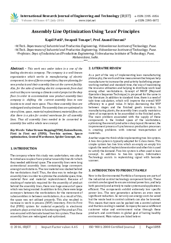 (PDF) Assembly Line Optimization Using 'Lean' Principles | IRJET Journal - Academia.edu