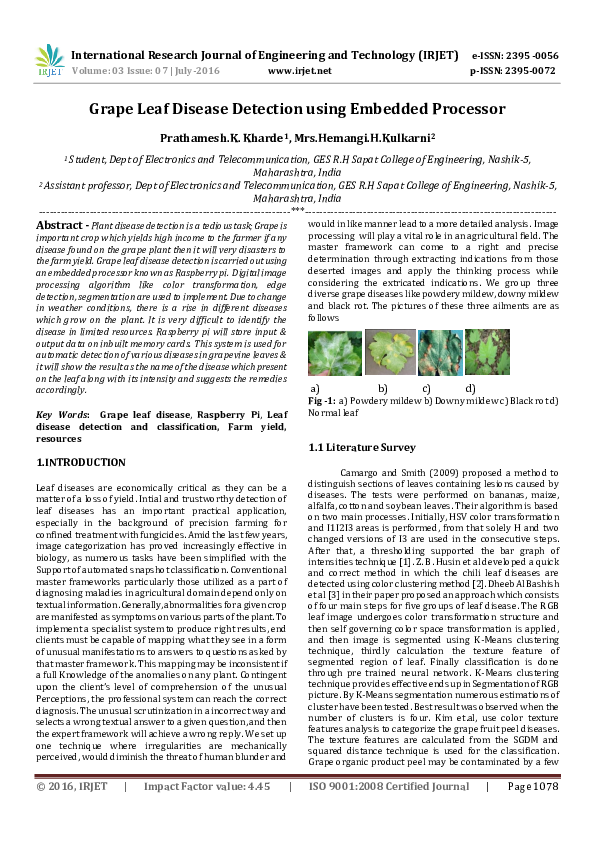 (PDF) Grape Leaf Disease Detection using Embedded Processor