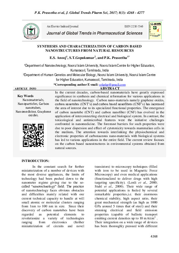 Pdf Synthesis And Characterization Of Carbon Based Nanostructures From Natural Resources