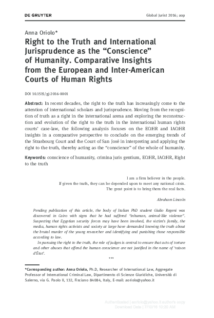 (PDF) Right to the Truth and International Jurisprudence as the ...