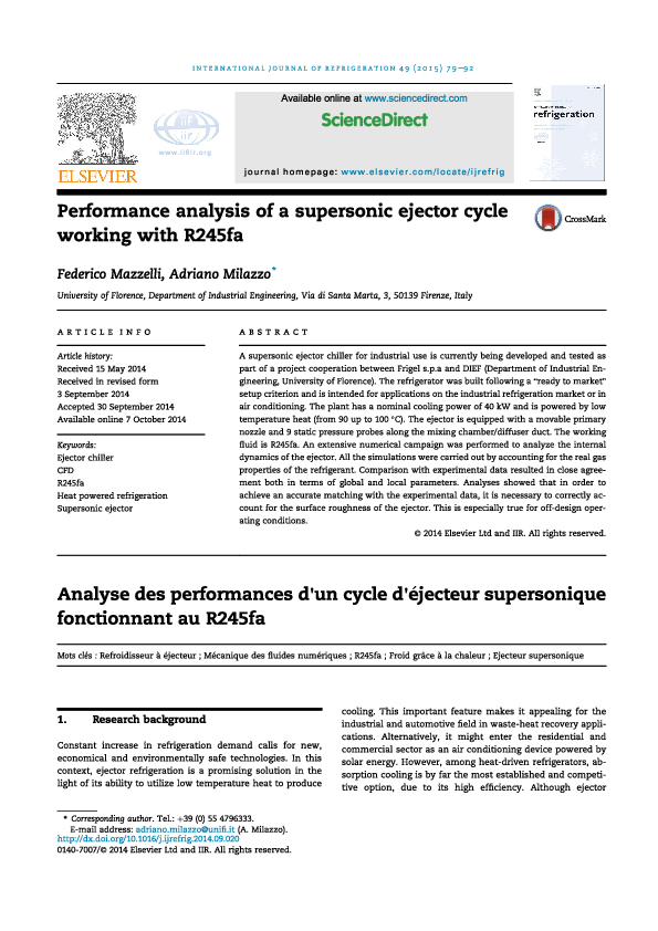 (PDF) Performance analysis of a supersonic ejector cycle working with R245fa