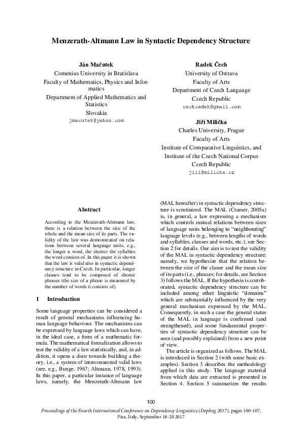 (PDF) Menzerath-Altmann Law in Syntactic Dependency Structure