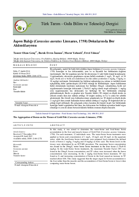 (PDF) The Aggregation of Boron on the Tissues of Gold Fish (Carassius ...