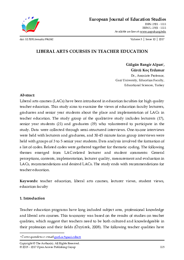 (PDF) LIBERAL ARTS COURSES IN TEACHER EDUCATION