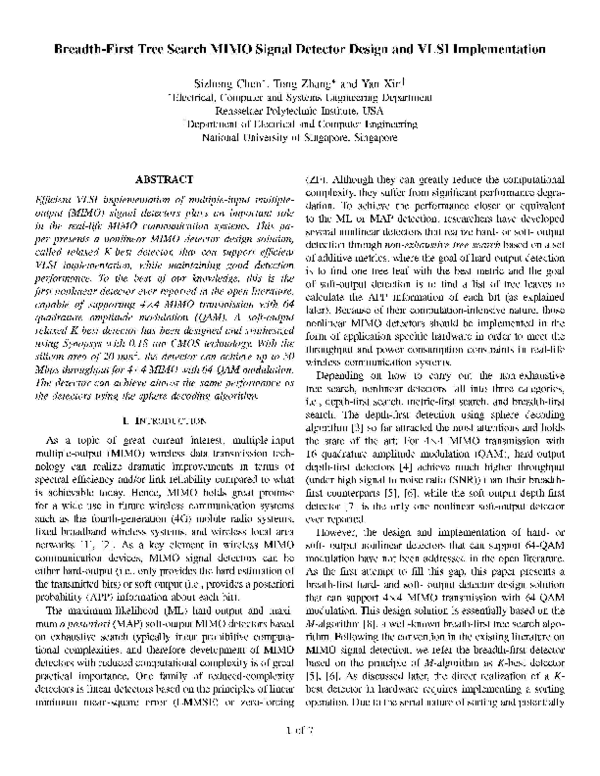Pdf Breadth First Tree Search Mimo Signal Detector Design And Vlsi Implementation Juhi Edwin