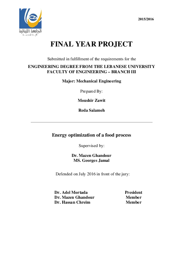 (PDF) FINAL YEAR PROJECT Energy optimization of a food process