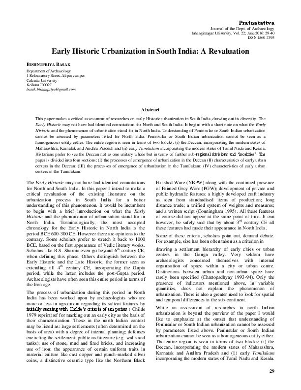 (PDF) Early Historic Urbanization in South India: A Revaluation