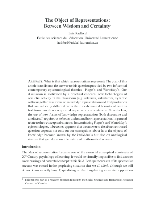(PDF) The Object of Representations: Between Wisdom and Certainty