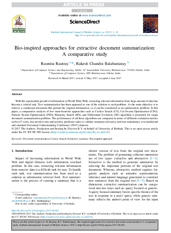 (PDF) Bio-inspired approaches for extractive document summarization: A comparative study